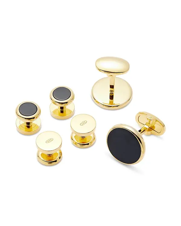 LINK UP Gold-tone Round Black Obsidian Stud & Cufflink Set - Black/gold