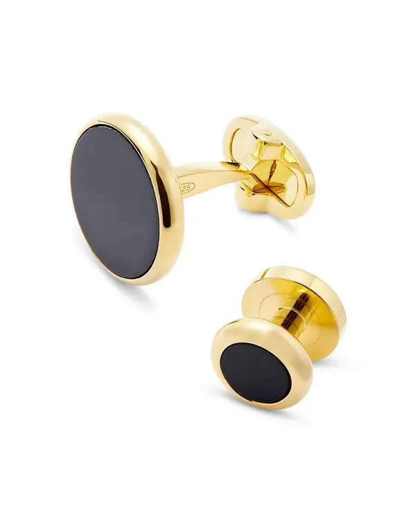 LINK UP Gold-tone Round Black Obsidian Stud & Cufflink Set