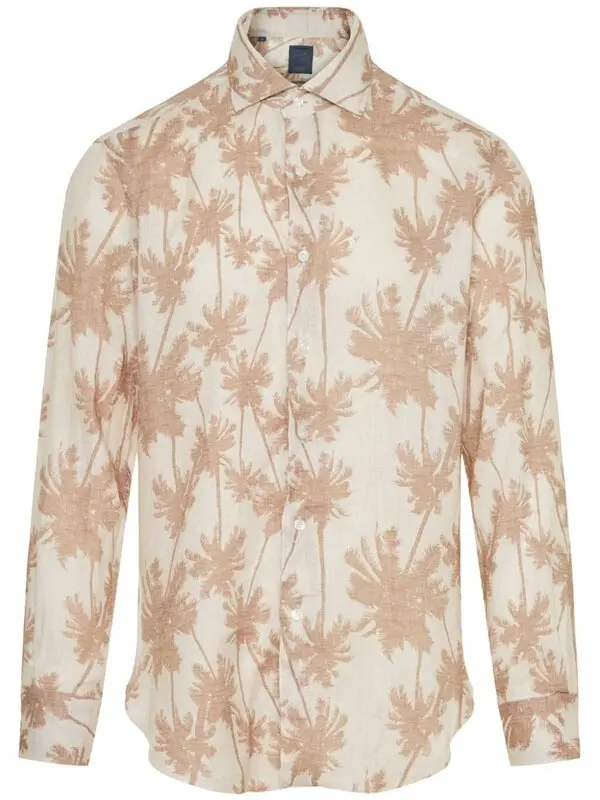 BARBA NAPOLI Palm-tree Print Linen Shirt - Neutrals