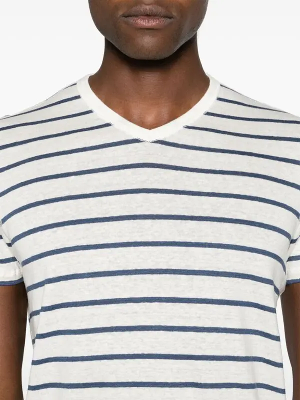 Majestic Filatures Striped V-Neck T-Shirt - White - 34% Off