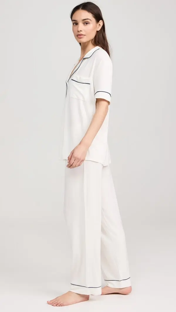 Eberjey Gisele The Short Sleeve Long Pajama Set - Pure Ivory/navy
