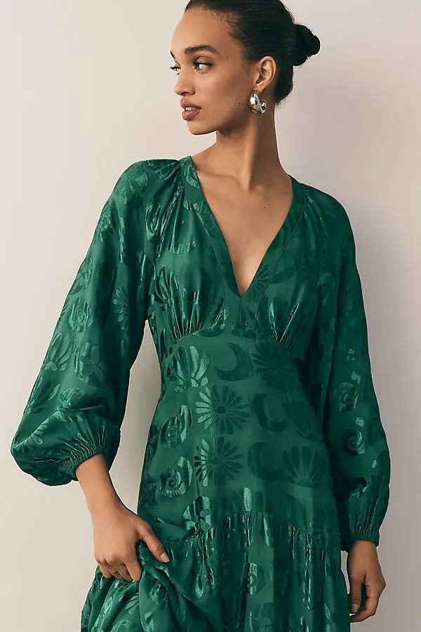 Farm Rio Long-Sleeve V-Neck Jacquard Maxi Dress In Green - 40% Off