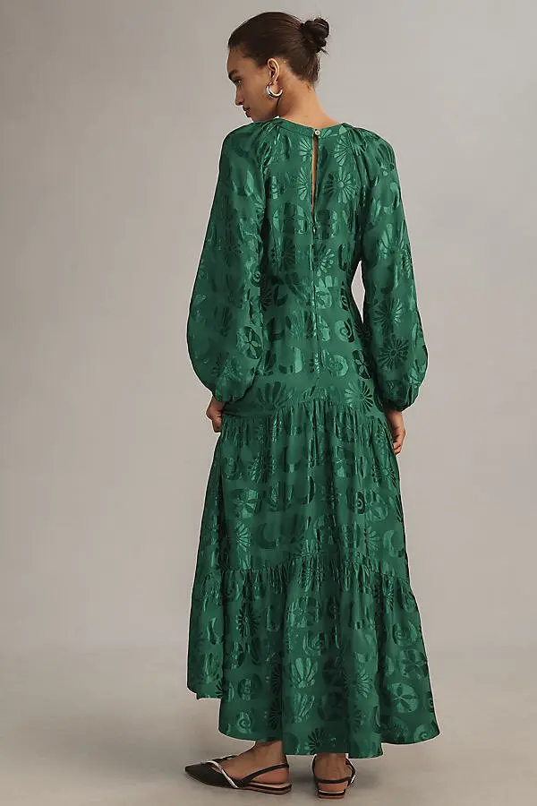 Farm Rio Long-Sleeve V-Neck Jacquard Maxi Dress In Green - 40% Off |  Editorialist