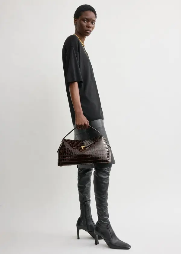 TOTEME T-lock Croco-embossed Handheld Bag - Brown