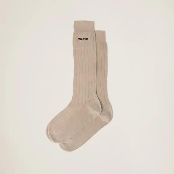 Miu Miu Silk Ribbed Knit Socks - Albino White