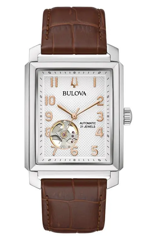 Bulova Sutton Automatic Leather Strap Watch - Silverone