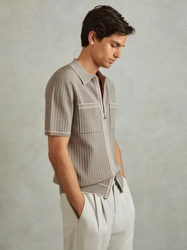 REISS Christophe Ribbed Dual Zip-front Shirt - Stone