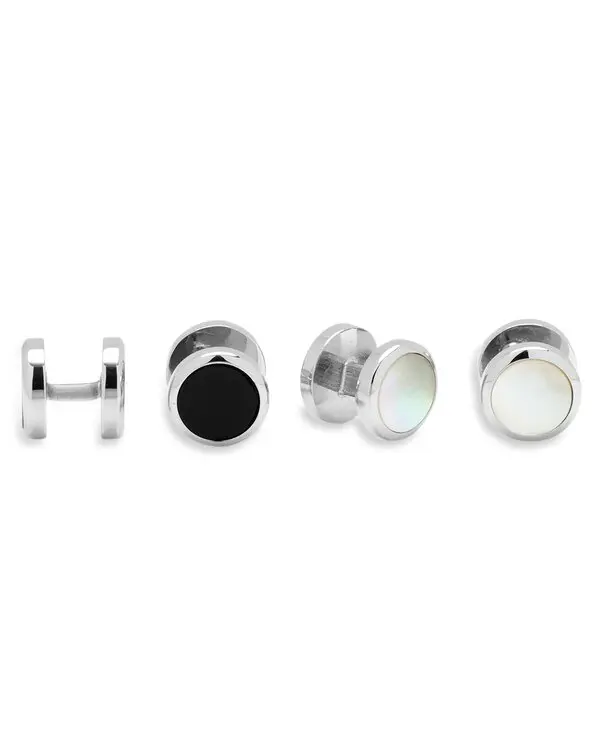 CUFFLINKS, INC. Double Sided Onyx & Mother-of-pearl Round Stud & Cufflink Set - Silver