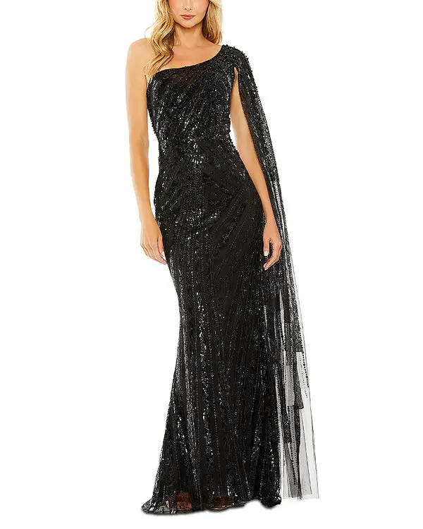 Mac Duggal One-shoulder Embellished Gown With Cape Sleeve - Black