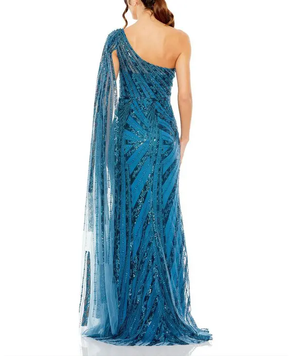 Mac Duggal One-shoulder Embellished Gown With Cape Sleeve - Ocean Blue