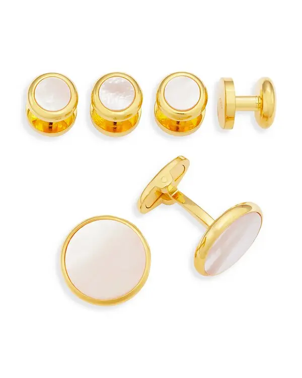 LINK UP Gold-tone Round White Mother-of-pearl Stud & Cufflink Set - White/gold