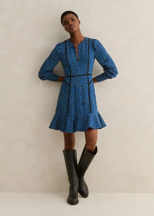 Me+Em Mille Fleur Print Short Fit And Flare Dress - Electric  Blue/Black/Lime | Editorialist