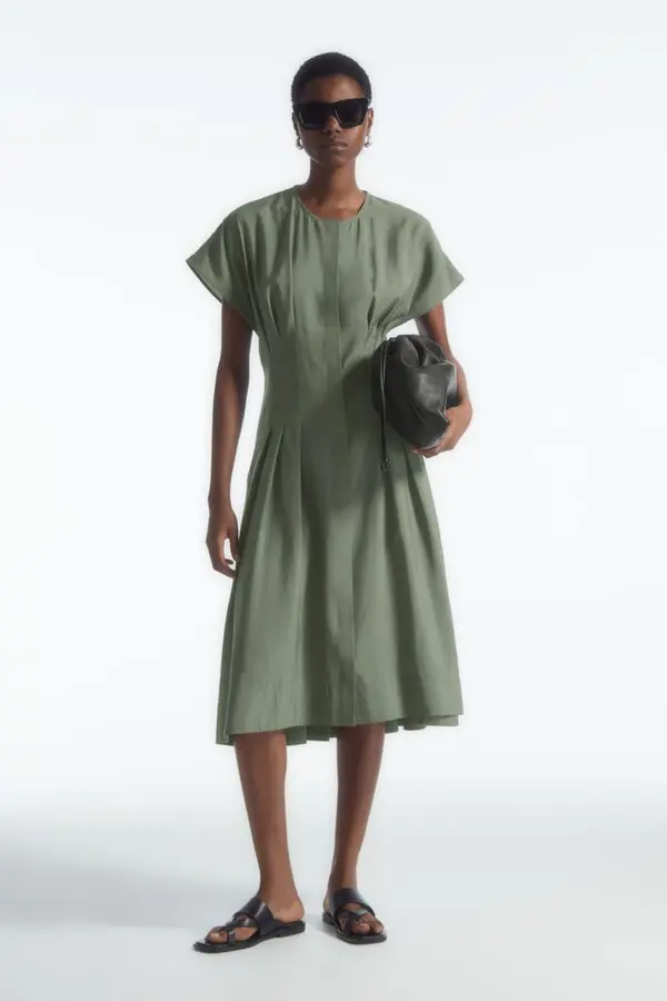 Cos Waisted Pleated Midi Dress In Green - 60% Off | Editorialist