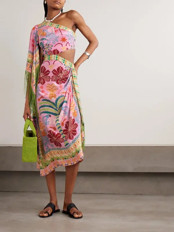 farm rio fruits queen scarf one-shoulder maxi dress Farm Rio Fruits Queen Printed Crepe De Chine Dress In Multi - 40% Off