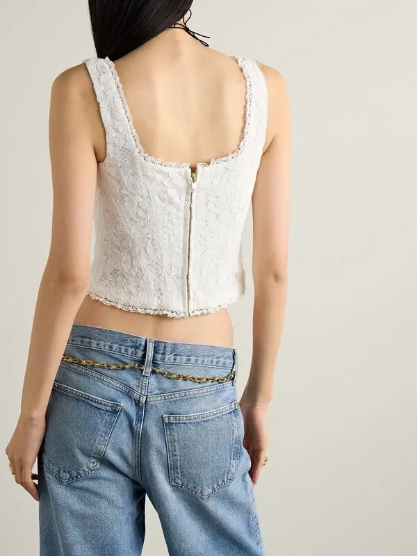 LoveShackFancy Lorelai Cropped Crochet-trimmed Lace Bustier Top - Off-white