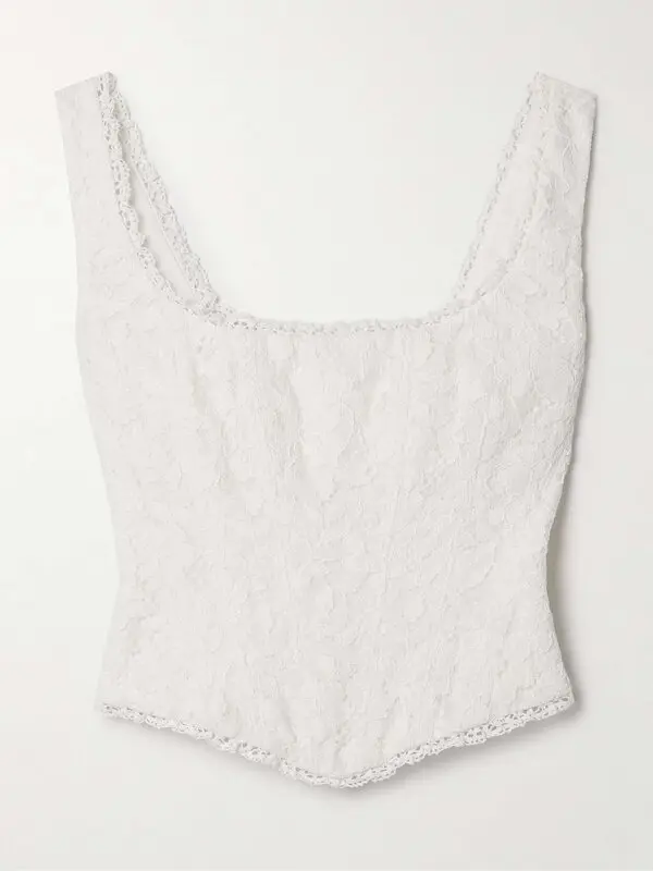 LoveShackFancy Lorelai Cropped Crochet-trimmed Lace Bustier Top - Off-white