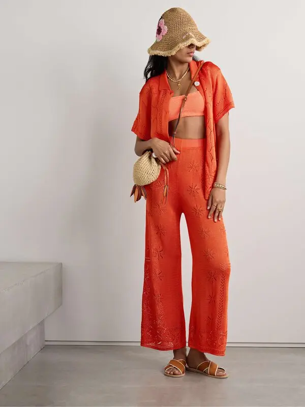 Calle Del Mar Pointelle-knit Wide-leg Pants - Red