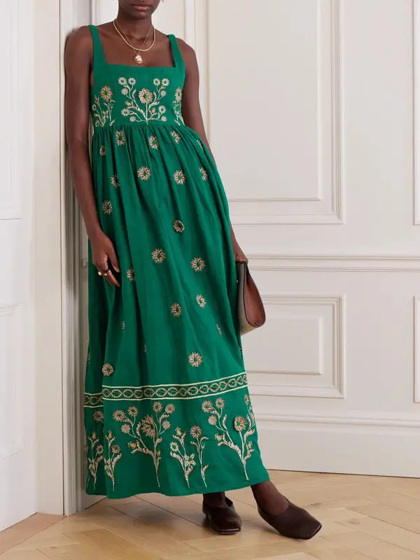 Buy Agua Bendita Barbara Esmeralda Appliqud Embroidered Linen Maxi Dress -  Green At 70% Off | Editorialist