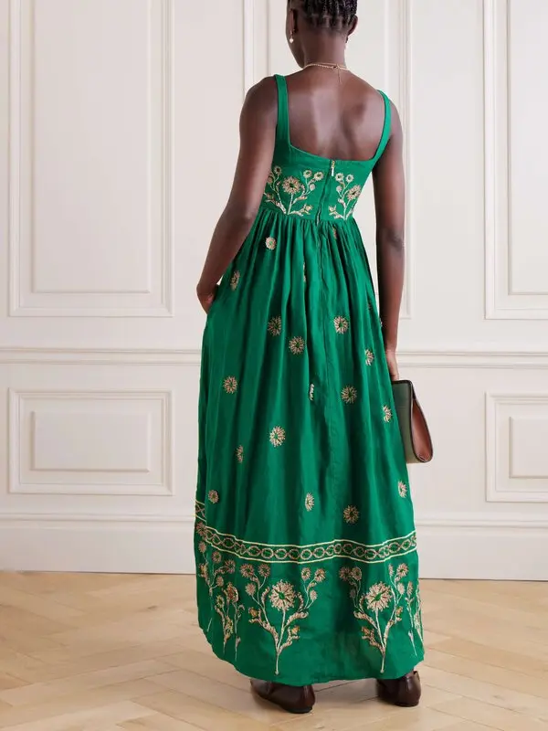 Buy Agua Bendita Barbara Esmeralda Appliqud Embroidered Linen Maxi Dress -  Green At 70% Off | Editorialist
