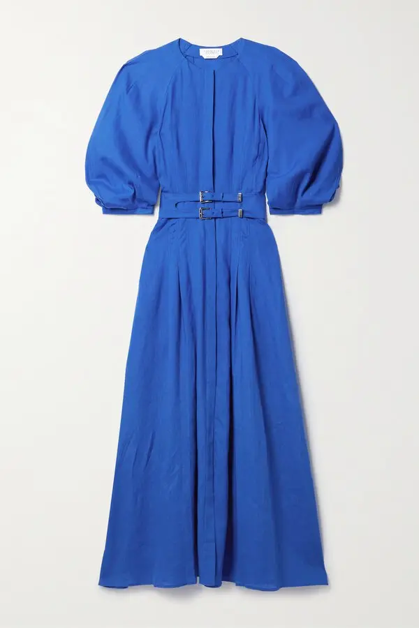 Gabriela Hearst Elea Buckled Linen Midi Dress - Blue