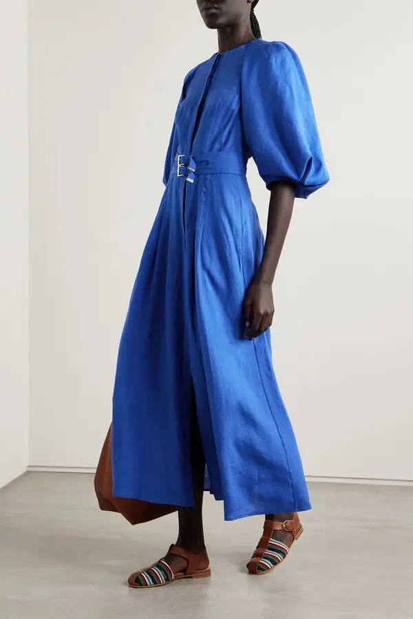 Gabriela Hearst Elea Buckled Linen Midi Dress - Blue