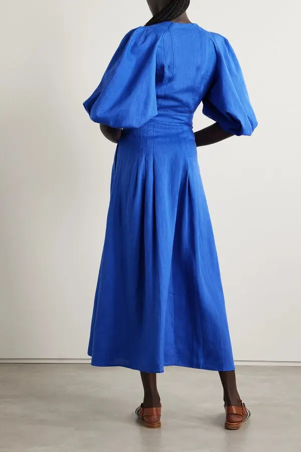 Gabriela Hearst Elea Buckled Linen Midi Dress - Blue