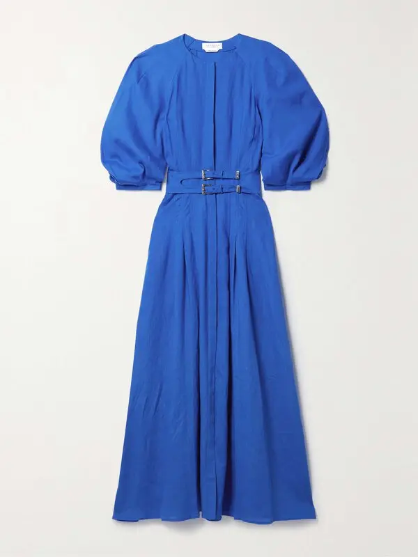 Gabriela Hearst Elea Buckled Linen Midi Dress - Blue