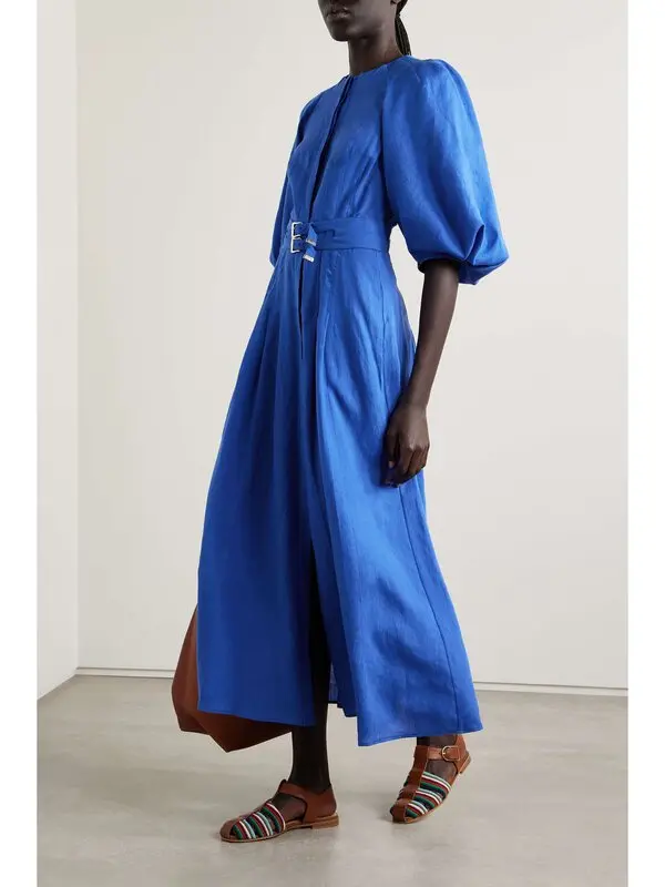 Gabriela Hearst Elea Buckled Linen Midi Dress - Blue