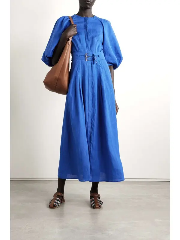 Gabriela Hearst Elea Buckled Linen Midi Dress - Blue