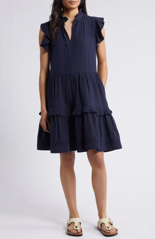 Caslon Ruffle Duo Cotton Gauze Dress - Navy Blazer