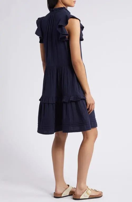 Caslon Ruffle Duo Cotton Gauze Dress - Navy Blazer