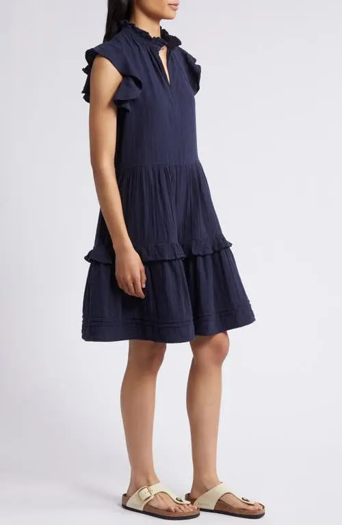 Caslon Ruffle Duo Cotton Gauze Dress - Navy Blazer