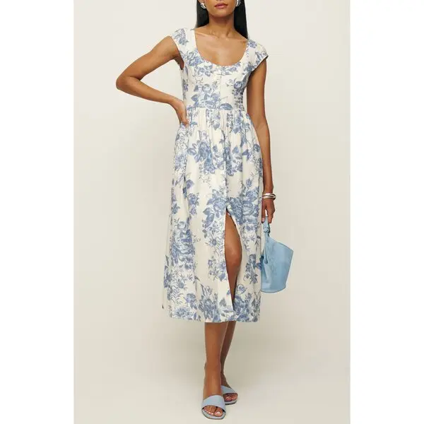 womens midi dress summer Floral Wrap Midi Dress Short Sleeve Side Tie Ladies Summer Chic Silk Dresses, S / Blue