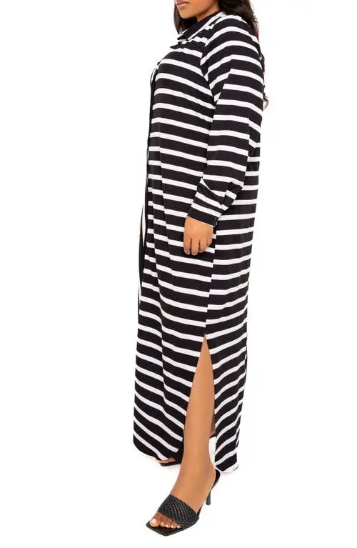 BUXOM COUTURE Long Sleeve Maxi Shirtdress - Black Stripe