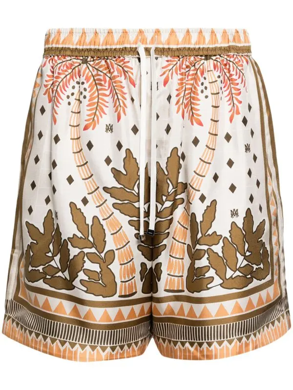 Amiri Palm Tree Print Silk Shorts - Brown