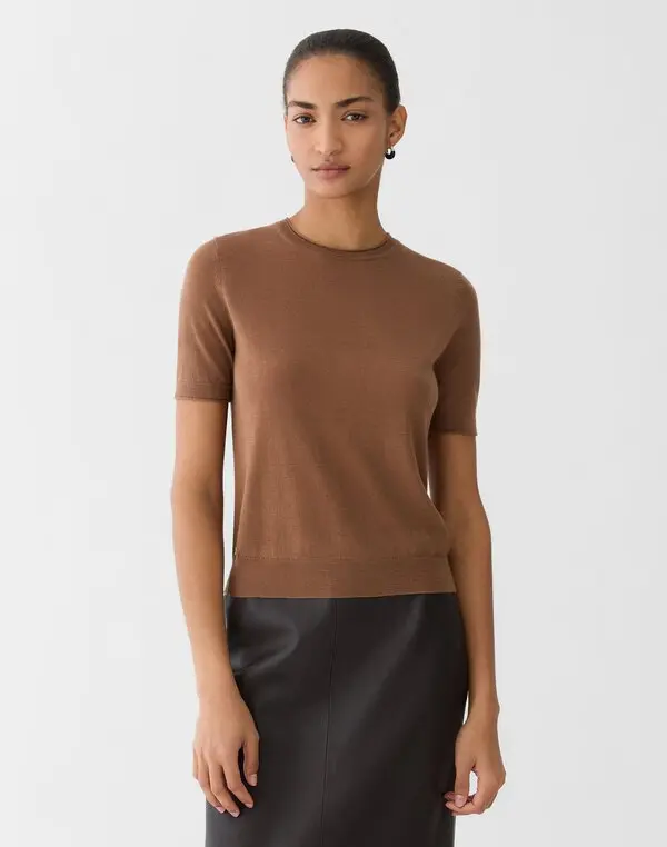 Lafayette 148 New York Fine Cashmere Short Sleeve Crewneck Sweater - Vicuna