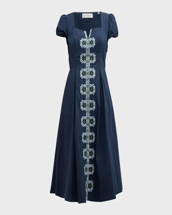 Elie Tahari The Faye Pleated Floral-Embroidered Midi Dress - Oxford Blue |  Editorialist