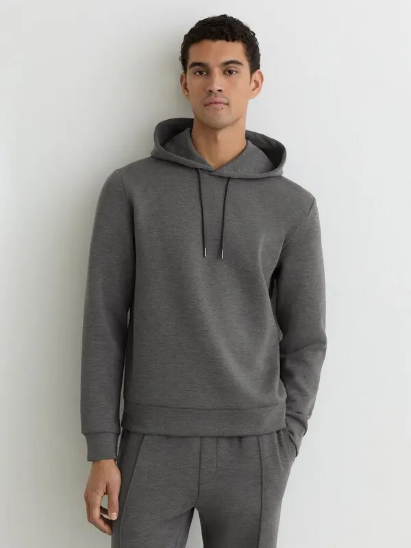 REISS Premium Interlock Jersey Hoodie - Charcoal Melange