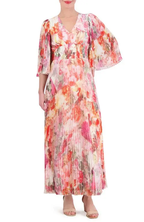 vince camuto floral chiffon dress Vince Camuto Floral Chiffon Pleated Maxi Dress Sleeveless Size 2 Multicolor