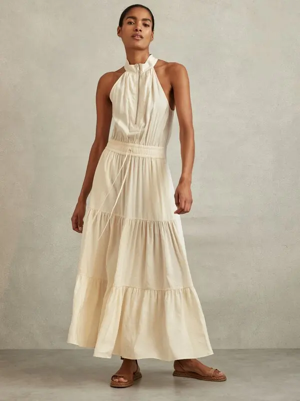 REISS Taylor Drawstring Waist Tiered Midi Dress