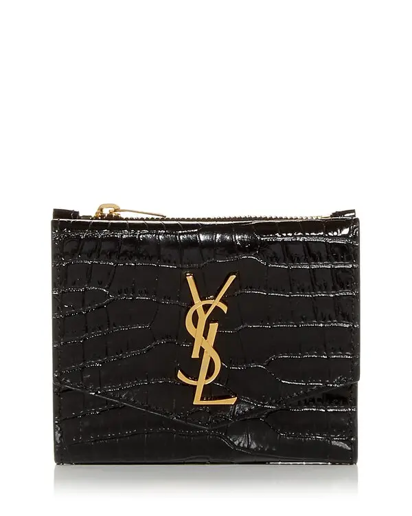 Saint Laurent Uptown Compact Wallet In Crocodile-embossed Shiny Leather - Nero/nero