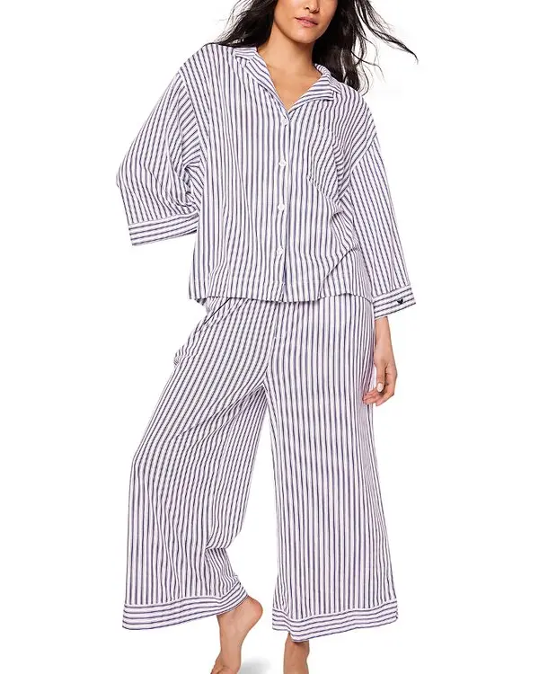 PETITE PLUME French Ticking Wide Leg Pajama Set - Navy