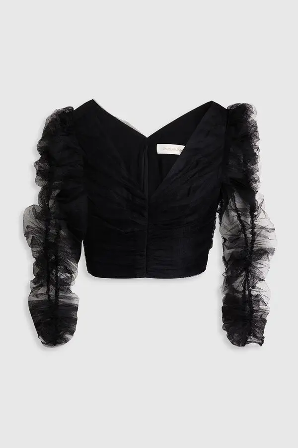 Zimmermann Cropped Ruched Tulle Blouse