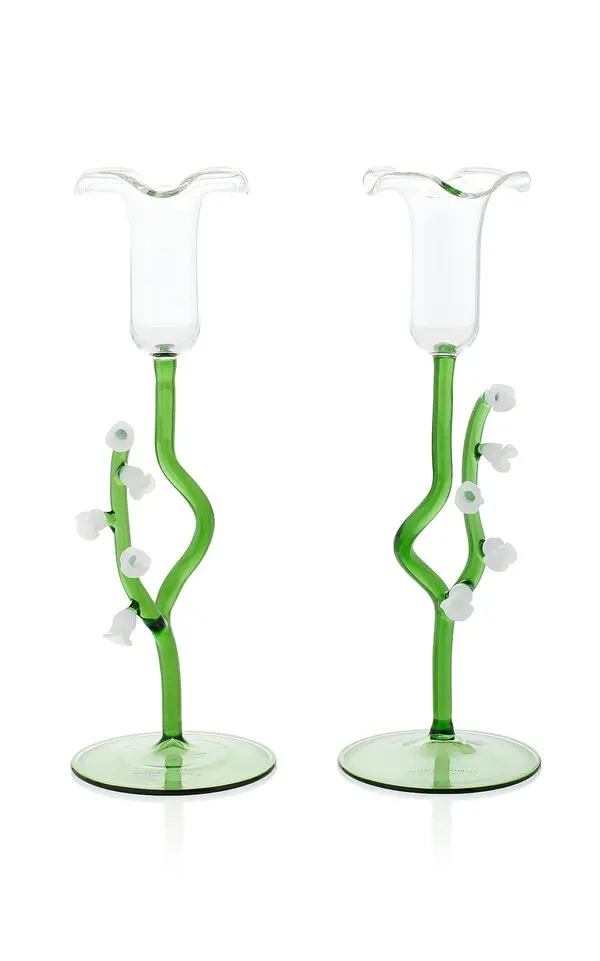 MODA DOMUS Lily Of The Valley Set-of-two Glass Candlesticks - Green