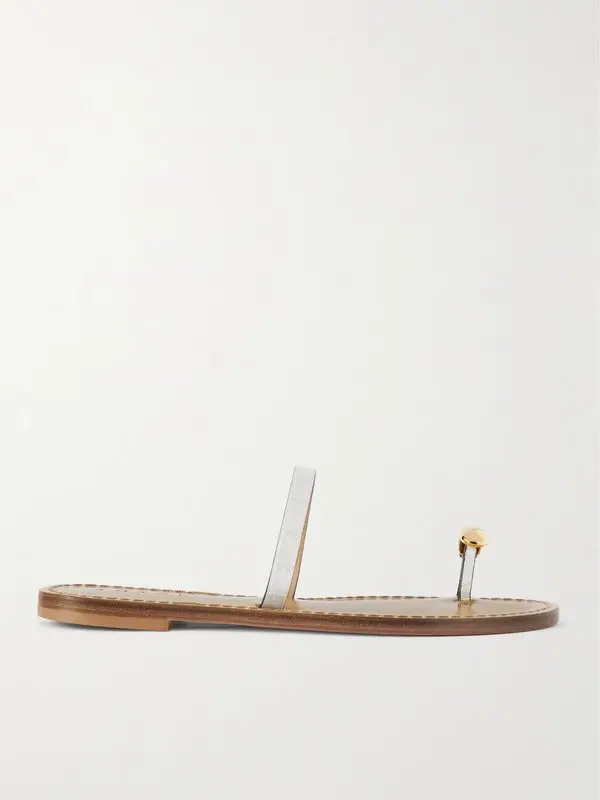AMANU The Kibera Embellished Croc-effect Leather Sandals - Neutrals