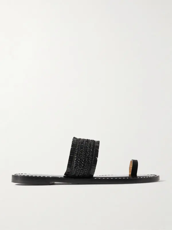 AMANU The Shela Fringed Braided Leather Slides - Black