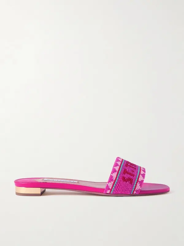 AQUAZZURA St. Tropez Beaded Leather Slides - Pink
