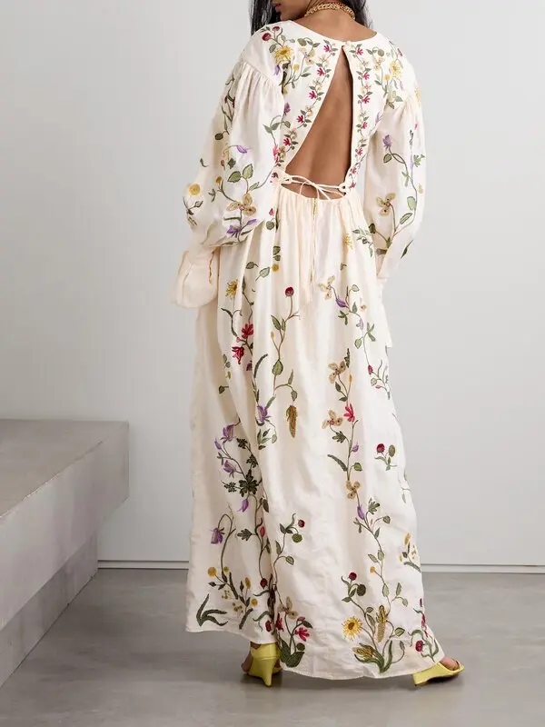 Agua Bendita Embroidered Linen Maxi Dress In Cream - 70% Off