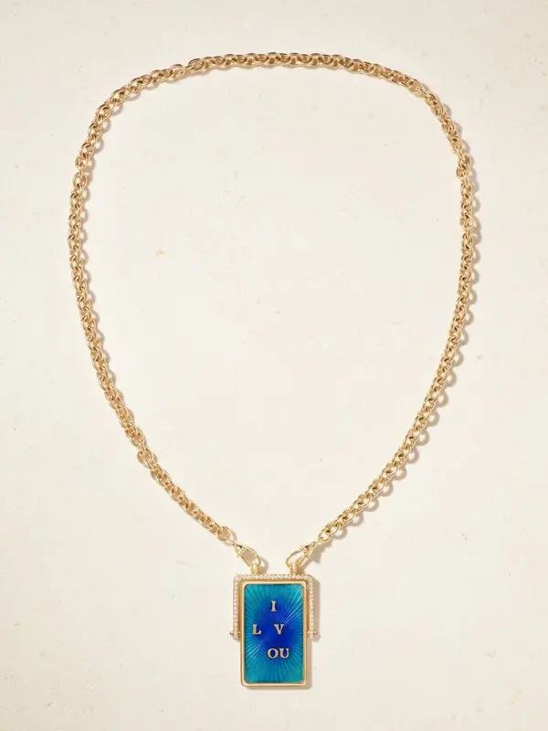 MARIE LICHTENBERG I Love You 18-karat Enamel, Diamond And Sapphire Necklace - Gold