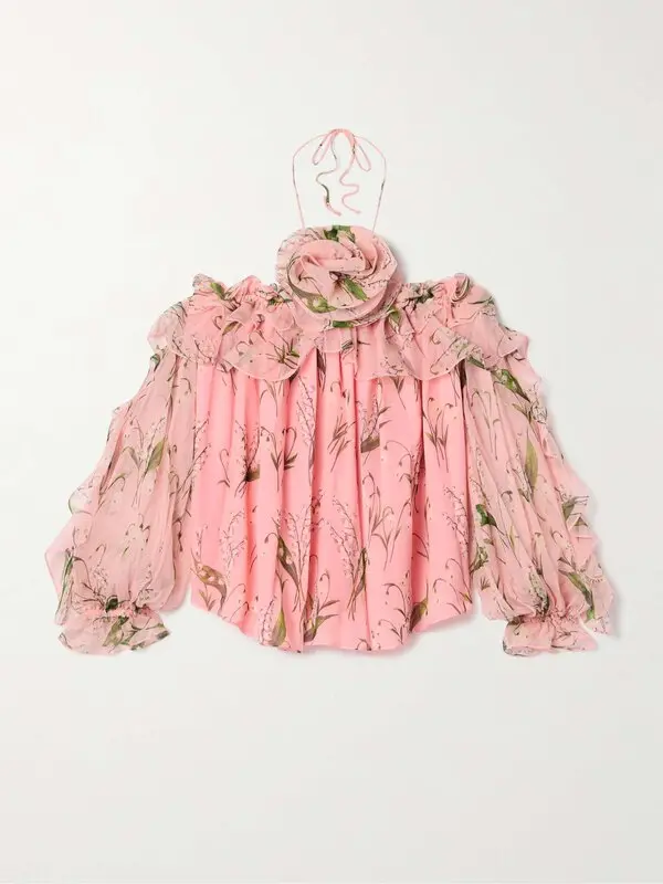 Carolina Herrera Ruffled Appliquéd Floral-print Georgette Halterneck Blouse